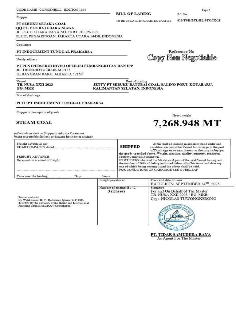 BL CM Tb. Nusa Xxii 2023 - Bg. MKR | PDF | Supply Chain Management | Freight Transport