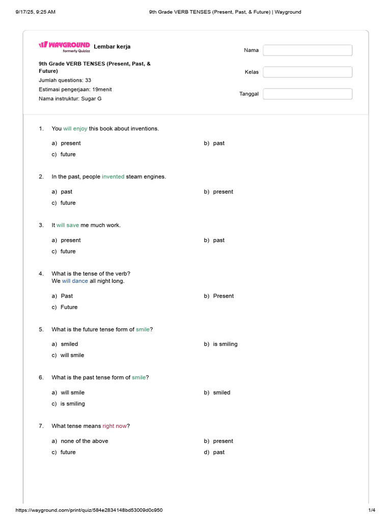 9th Grade VERB TENSES (Present, Past, & Future) - Wayground | PDF ...