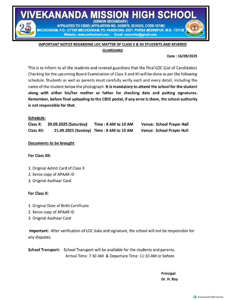 Important Notice Loc Matter of Class X - Xii | PDF