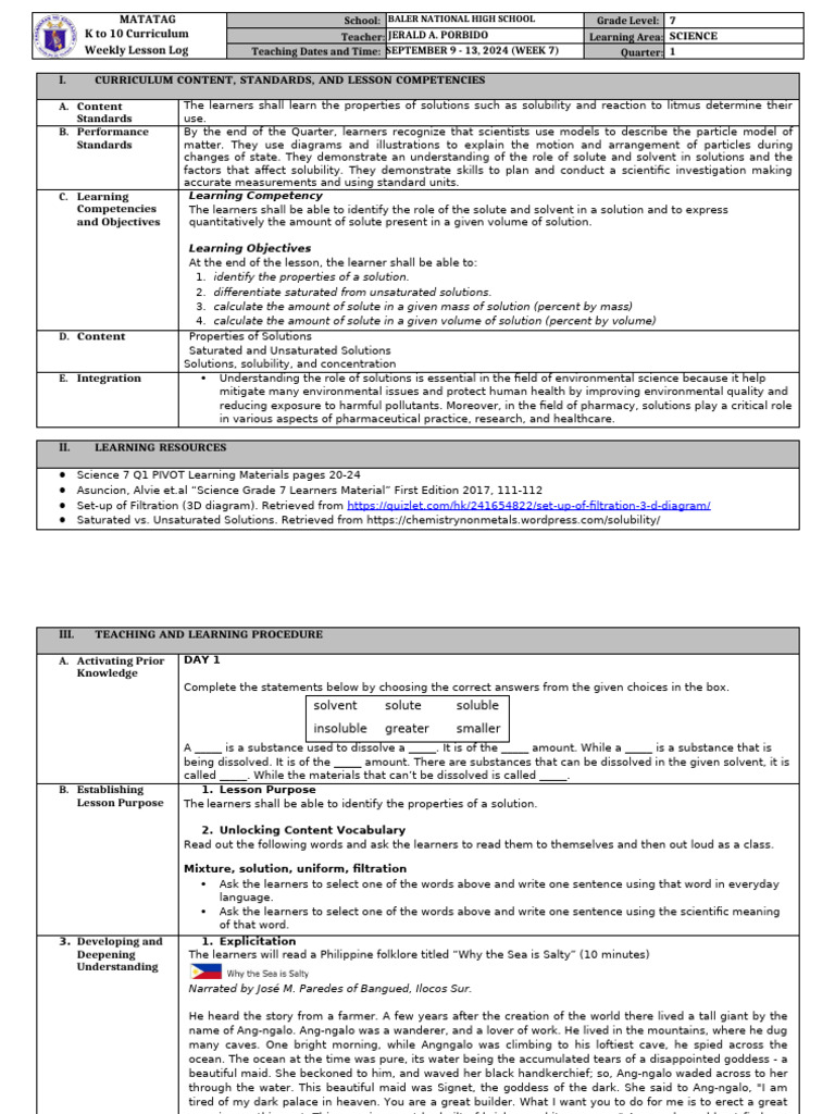 DLL Matatag Science 7 - Quarter 1 Week 7 Worksheet Activity | PDF ...