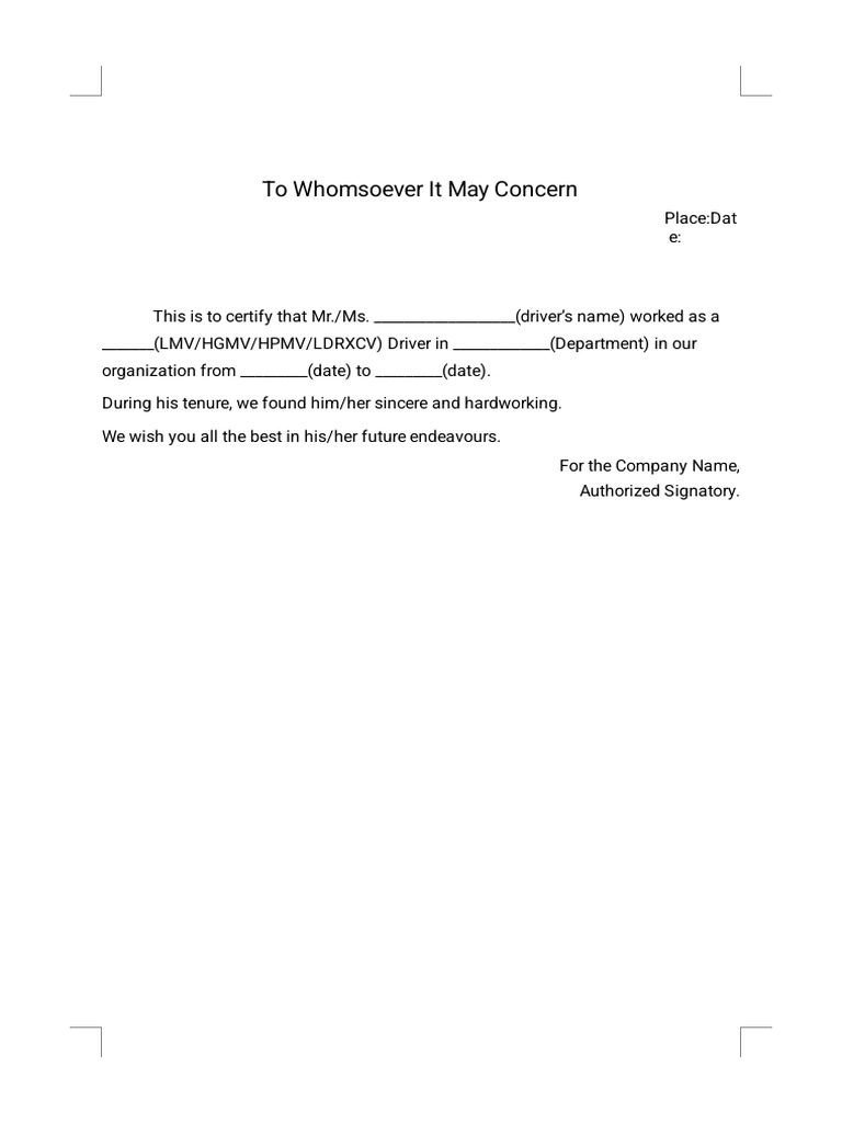 Driver Experience Certificate Template | PDF