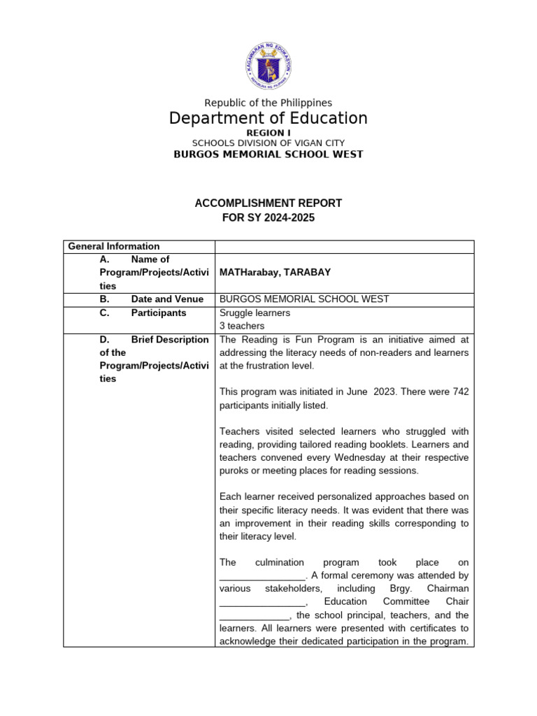 Remedial Reading Accomplishment Report Sample | PDF | Literacy | Pedagogy