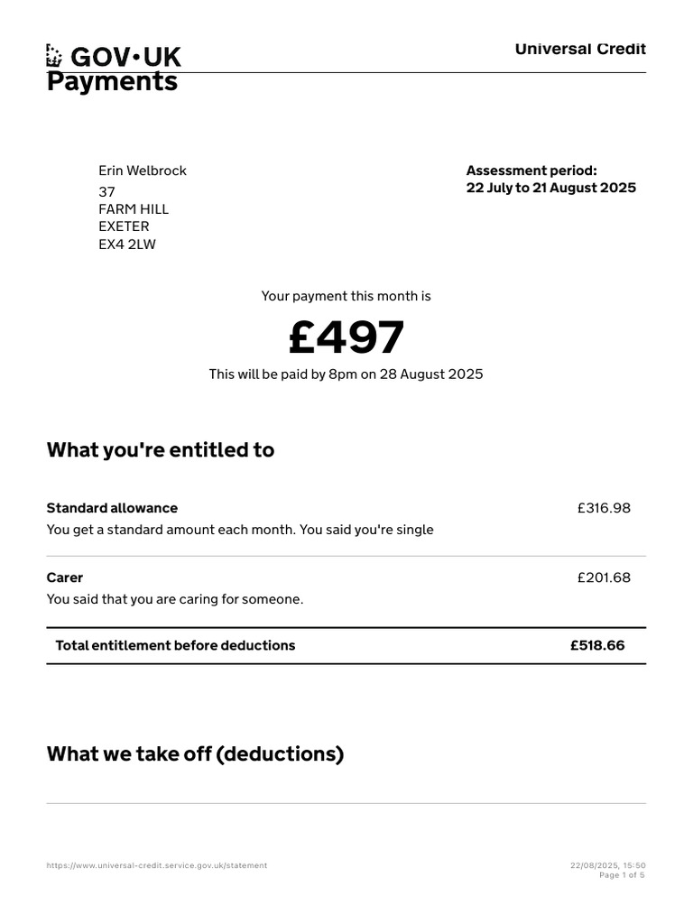 Universal Credit Payment Statement Summary | PDF