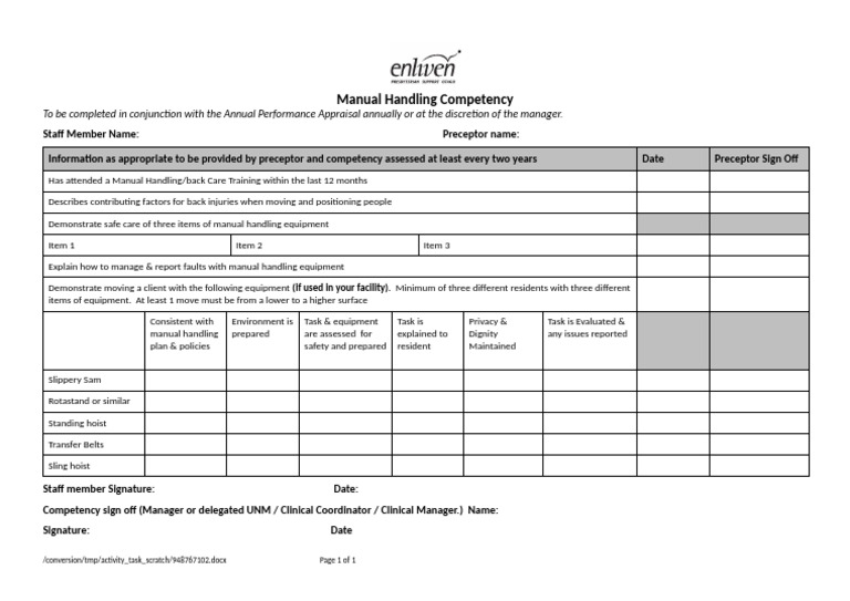 Manual Handling Competency | PDF