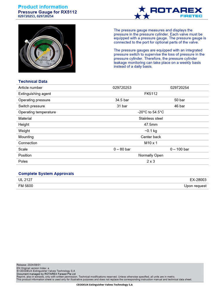 Pressure Gauge Specs for RX5112 Valves | PDF | Pressure Measurement ...