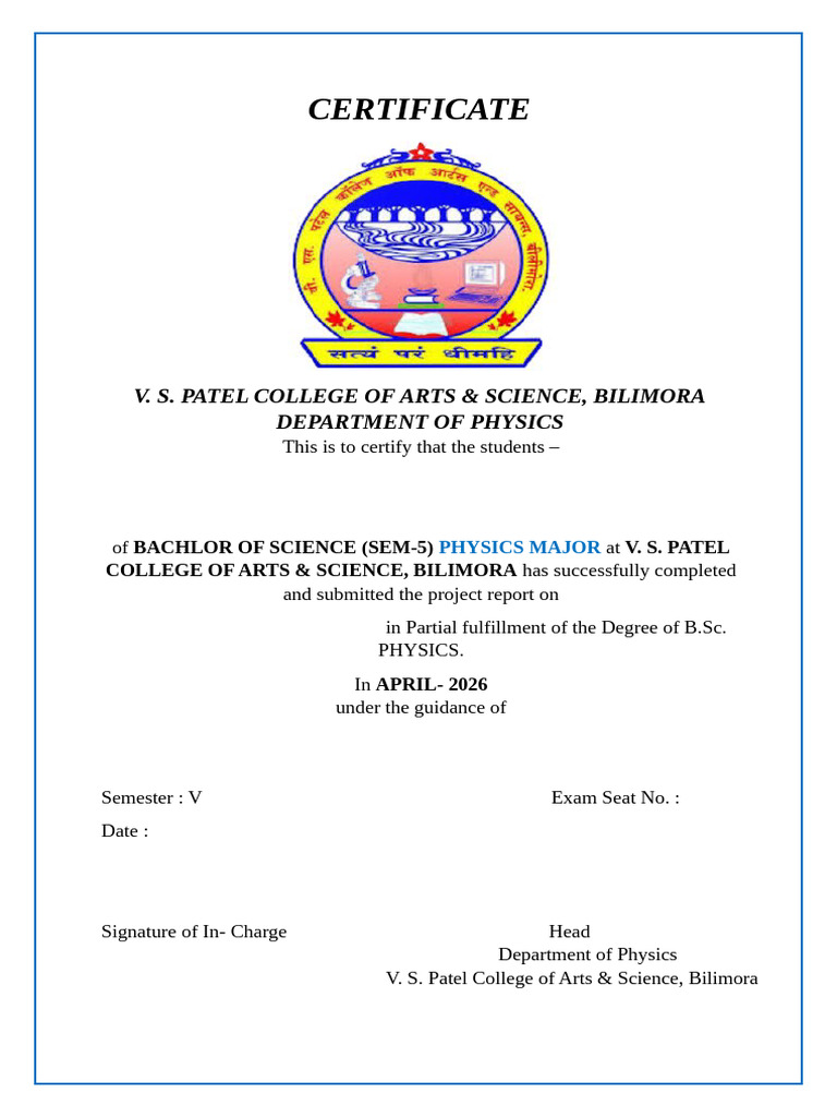 B.Sc. Physics Project Completion Certificate | PDF