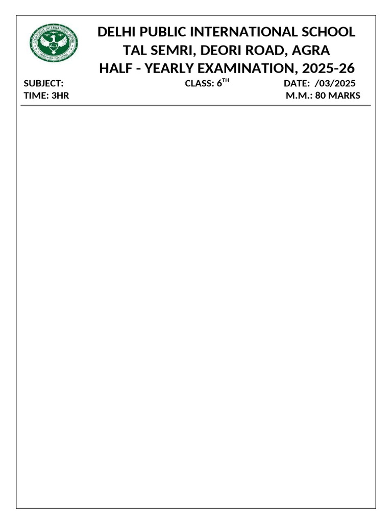 Class 6 Half-Yearly Exam 2025-26 | PDF