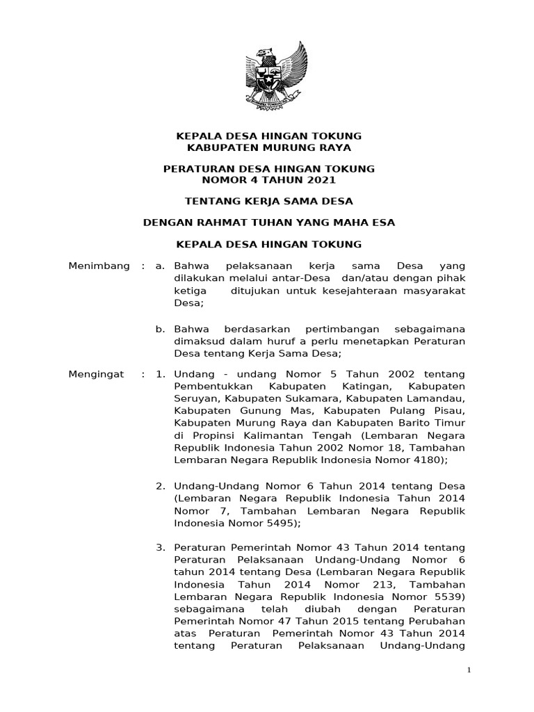Peraturan Kerja Sama Desa Hingan Tokung | PDF