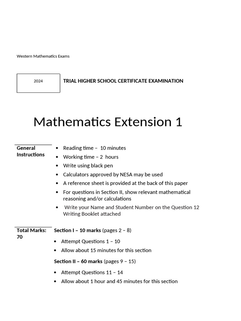 2024 HSC Mathematics Extension 1 Exam | PDF | Function (Mathematics ...