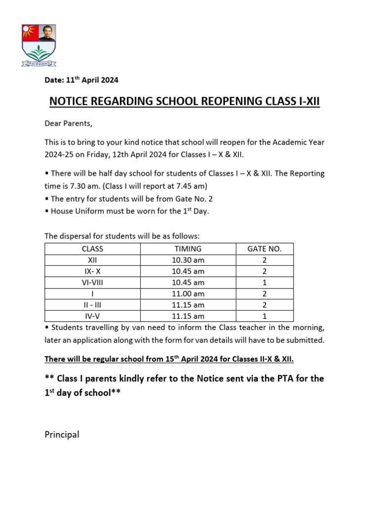 School Reopening Notice April | PDF