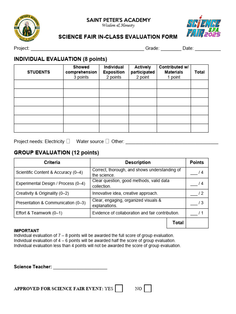 Science Fair In-Class Rubric 2025 New | PDF