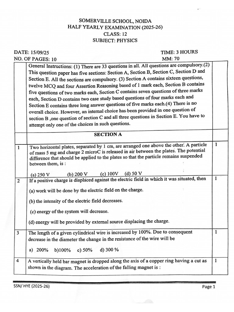 XII Physics Half-Yearly (Somerville) 2025 | PDF