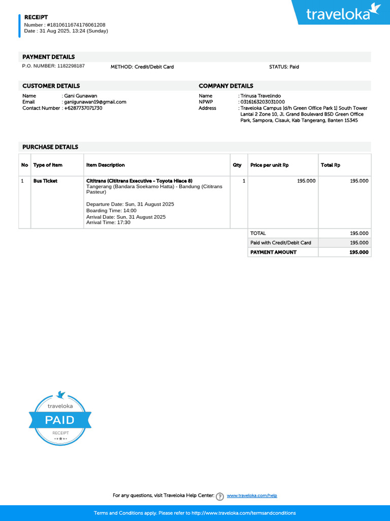 Traveloka Bus Ticket Receipt Details | PDF