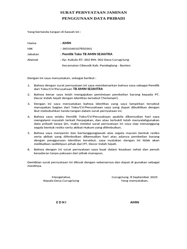 Surat Pernyataan Jaminan Data Pribadi | PDF