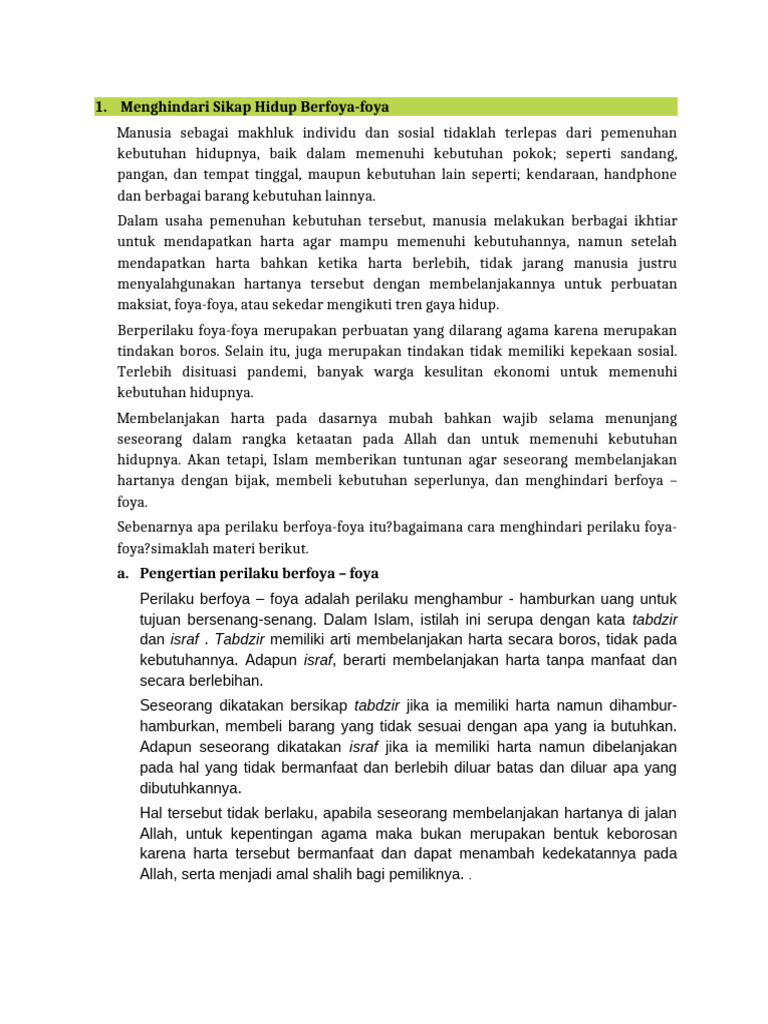 Naskah Materi 1 Sikap Berfoya-Foya | PDF