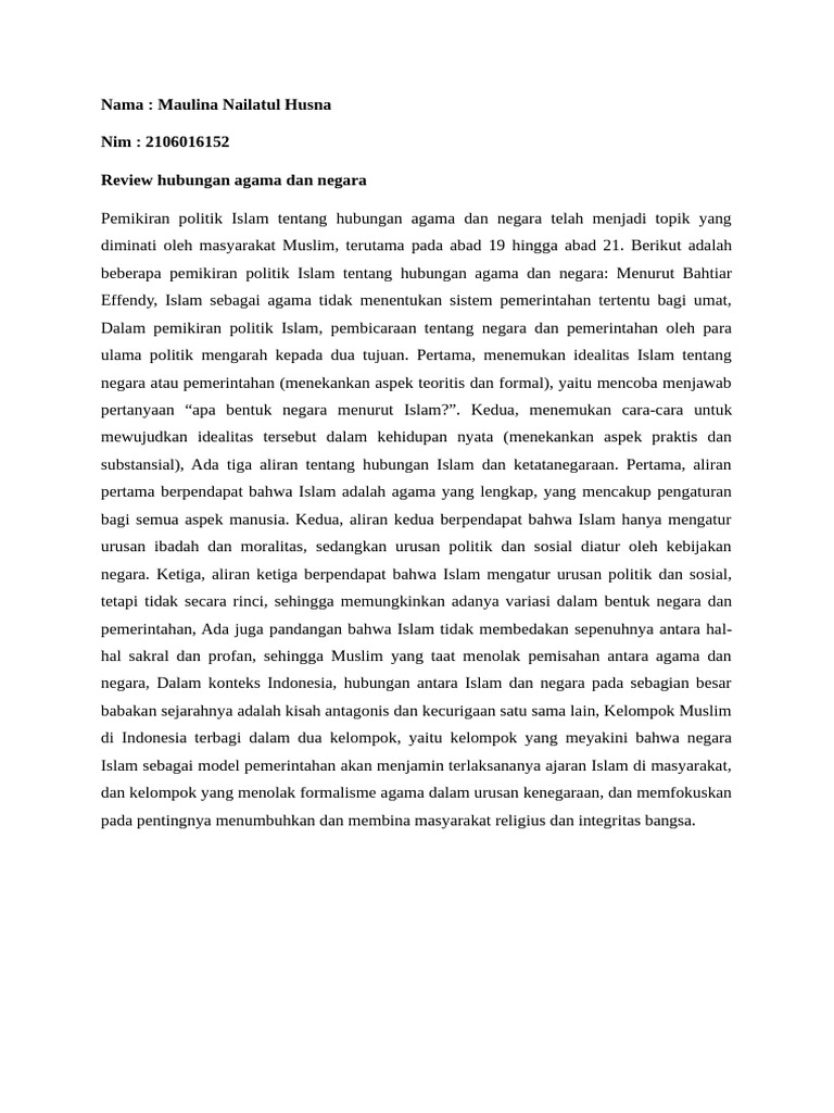 Maulina Nailatul Husna-2106016152-Hubungan Agama Dan Negara | PDF