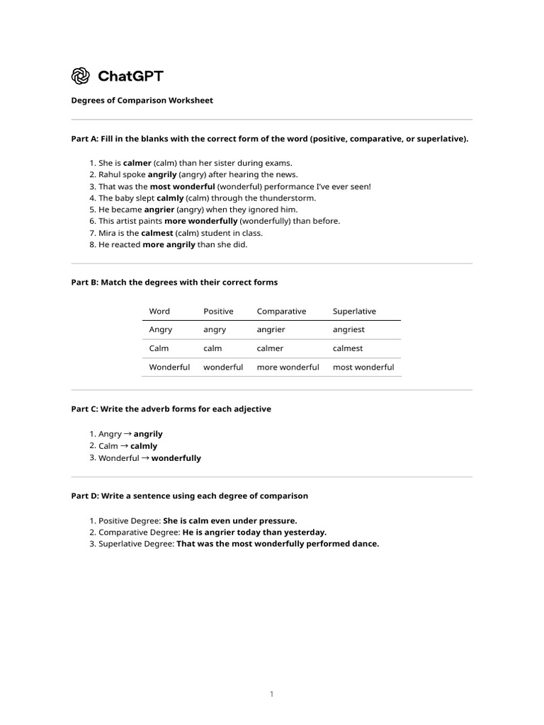 Degrees of Comparison Worksheet | PDF