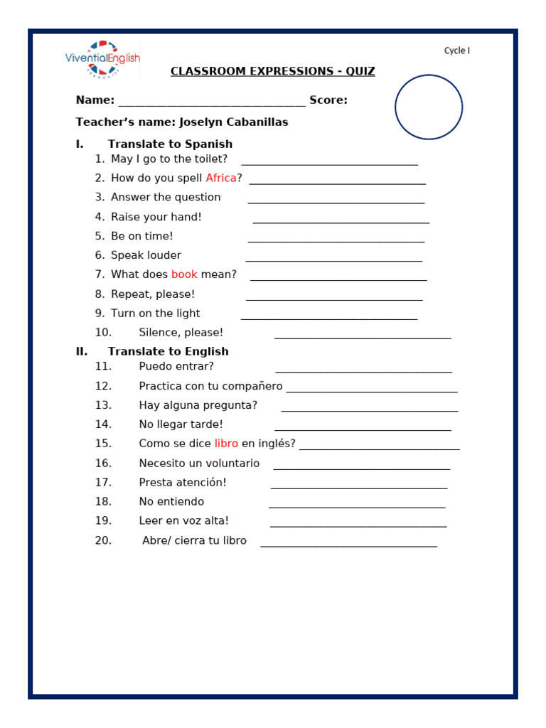 Quiz de Expresiones en Clase: Traducción | PDF