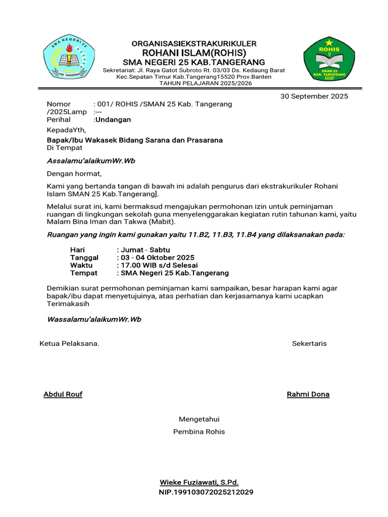 Undangan Peminjaman Ruangan Mabit Rohis | PDF