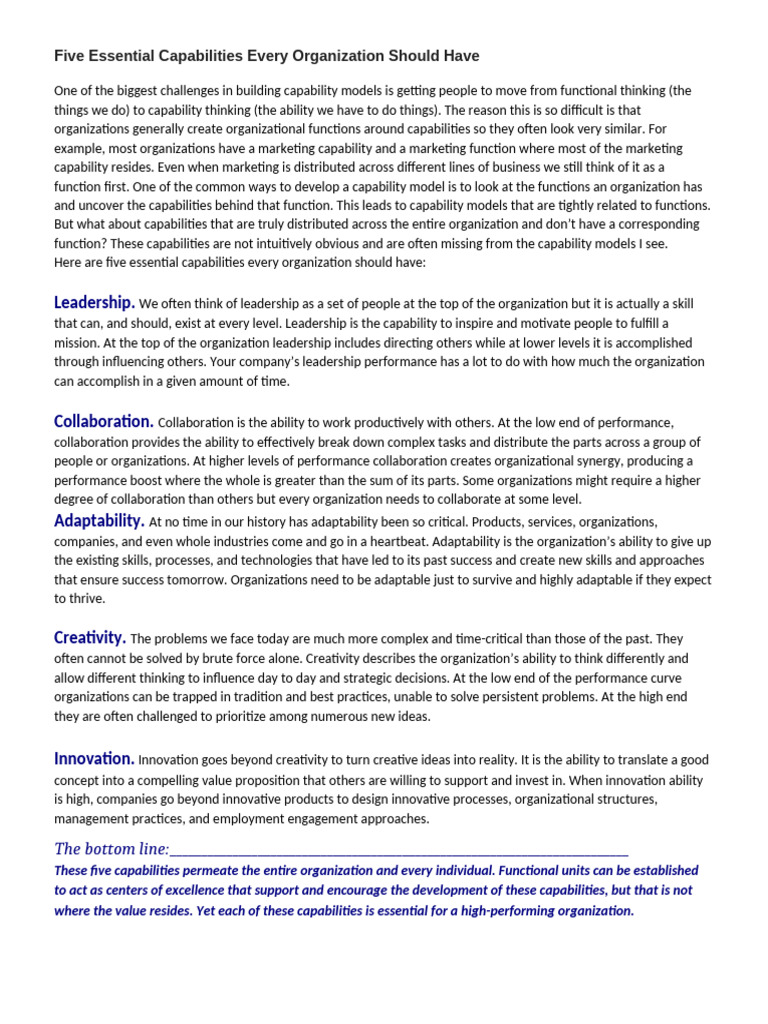 Five Essential Organizational Capabilities | PDF | Leadership | Creativity