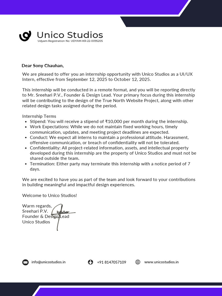 Internship Appointment Letter - Unico Studios | PDF