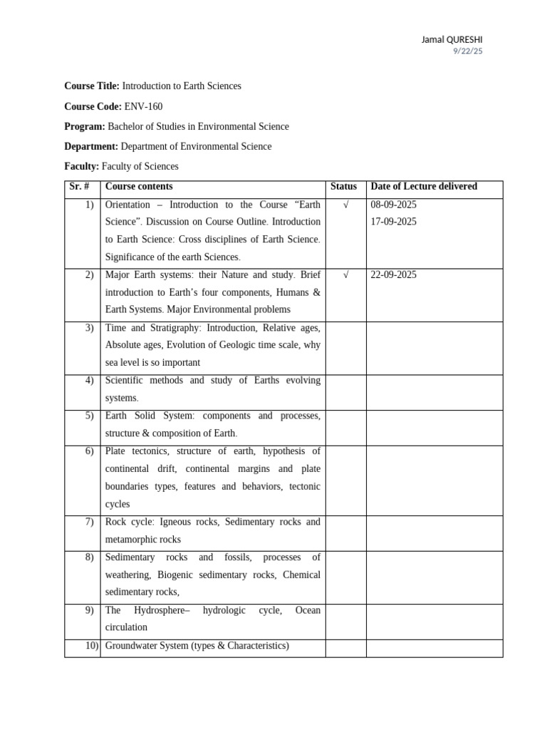 Introduction to Earth Sciences Course Outline | PDF | Earth Sciences ...