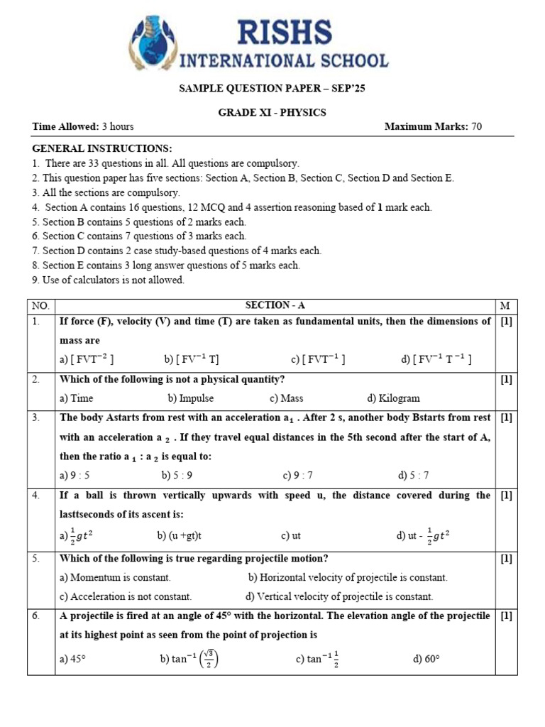 Physics Sample QP - Sep 25 | PDF | Collision | Momentum