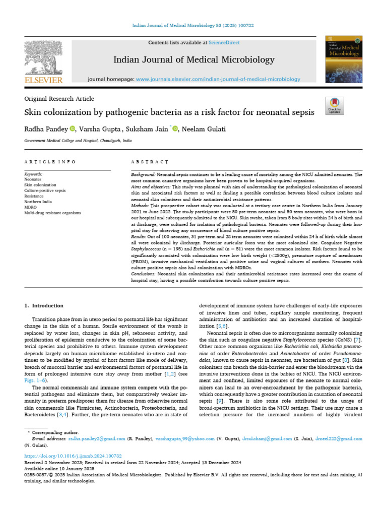 2024 IJMM or Skin ColonizationRadha | PDF | Sepsis | Microbiology