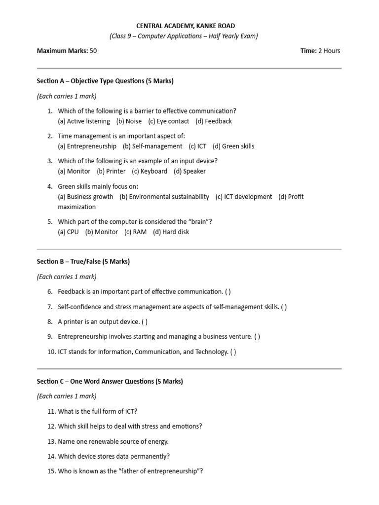 Class 9 Computer Applications Exam Guide | PDF | Computer Data Storage ...