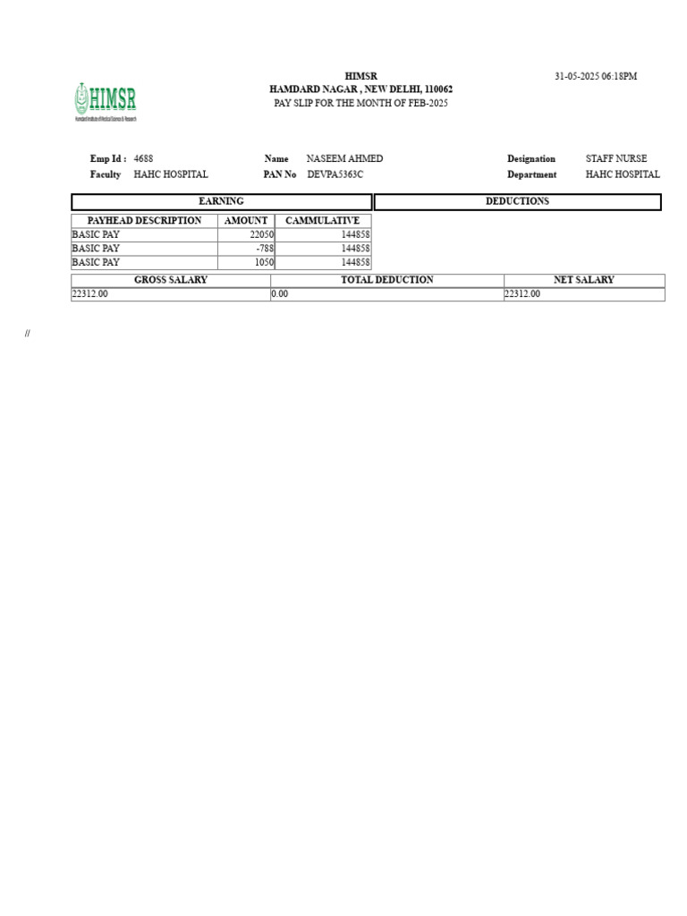 February 2025 Pay Slip for Staff Nurse | PDF