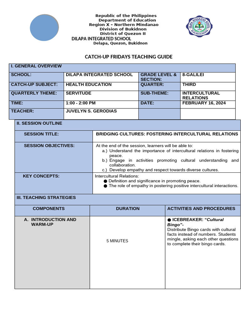 Catch Up Friday Lesson Plan Values Education 8 | PDF | Teachers | Learning