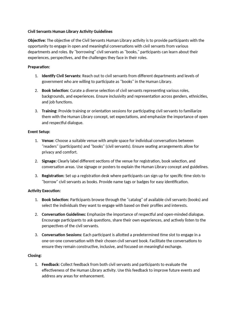 Civil Servants Human Library Guidelines | PDF | Libraries | Learning