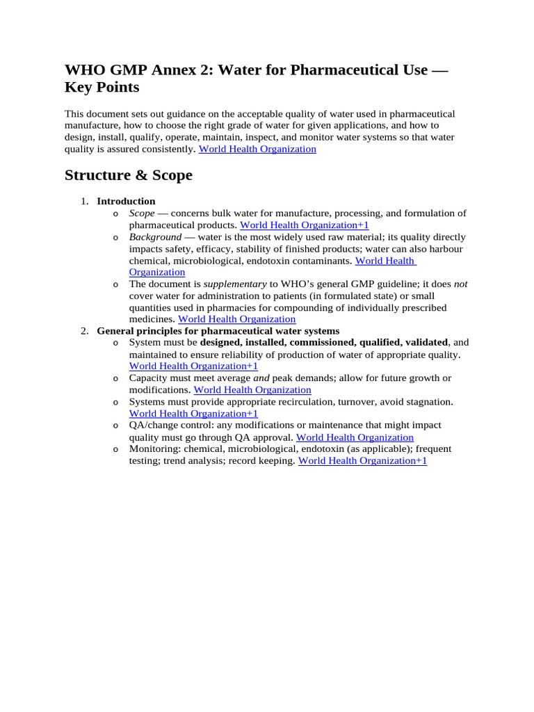 WHO GMP Annex 2: Water Quality Guidelines | PDF | Total Organic Carbon ...
