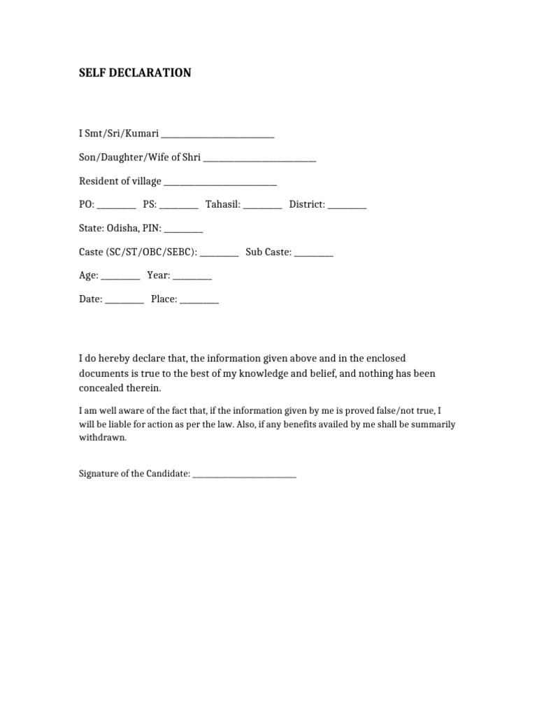 Caste Certificate Self Declaration Form | PDF
