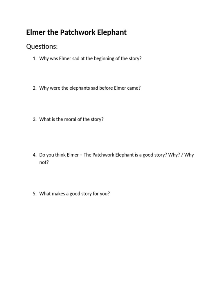 Elmer The Patchwork Elephant Worksheet | PDF