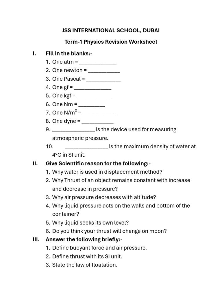 Grd8 Physics Revision Worksheet | PDF | Pressure | Density