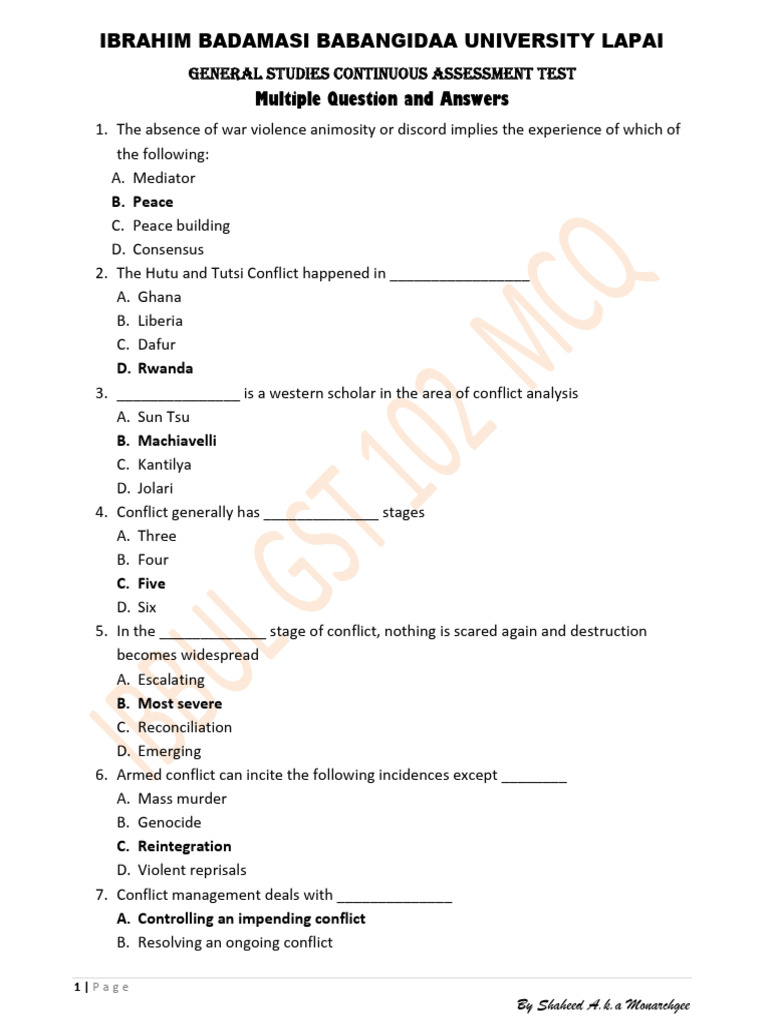 GST 102 MCQ by Abdulshaheed | PDF | Violence | Peacebuilding