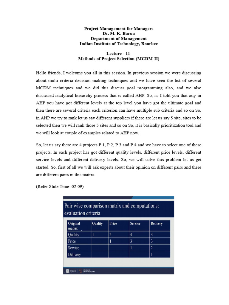 11 Methods of Project Selection (MCDM-II) | PDF | Matrix (Mathematics ...