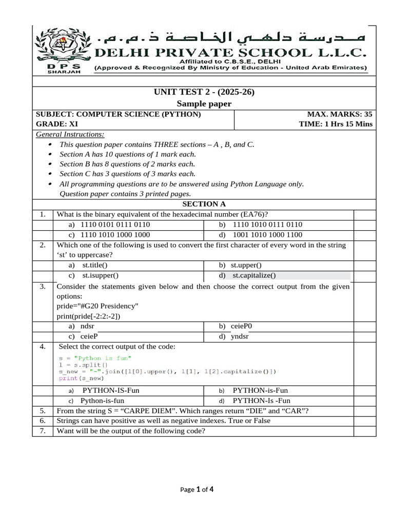 Unit Test - 2 - Sample Paper - 2025-26 | PDF | String (Computer Science ...