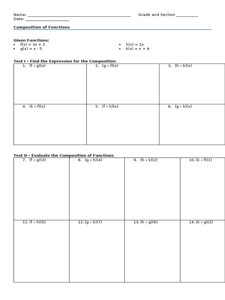 Composition of Functions Worksheet | PDF