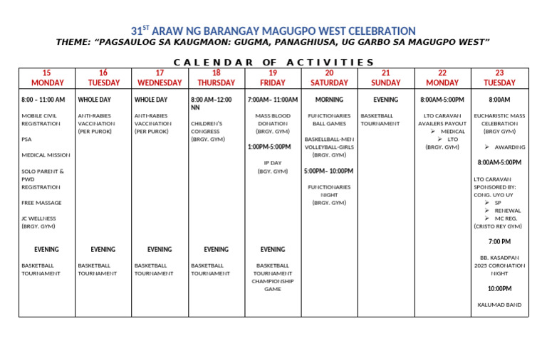 31st Araw NG Barangay Calendar of Activities | PDF