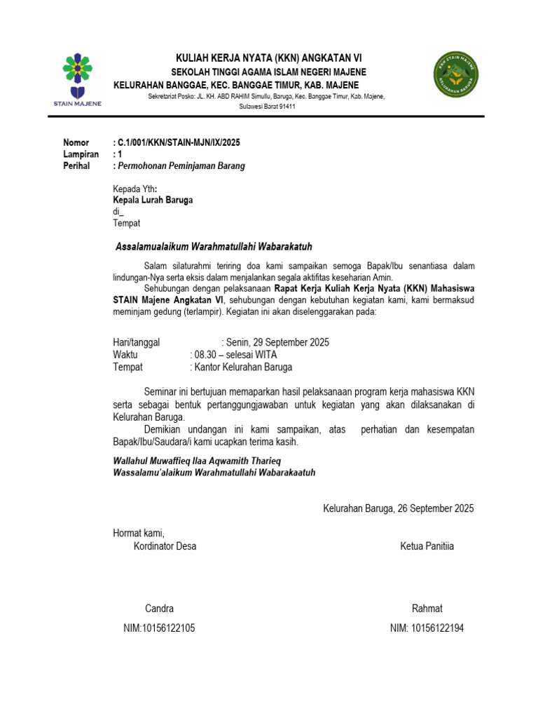 Surat Peminjaman Aula | PDF
