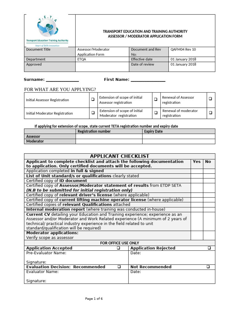 QAFM04 Rev 10 Assessor Moderator Application Form | PDF
