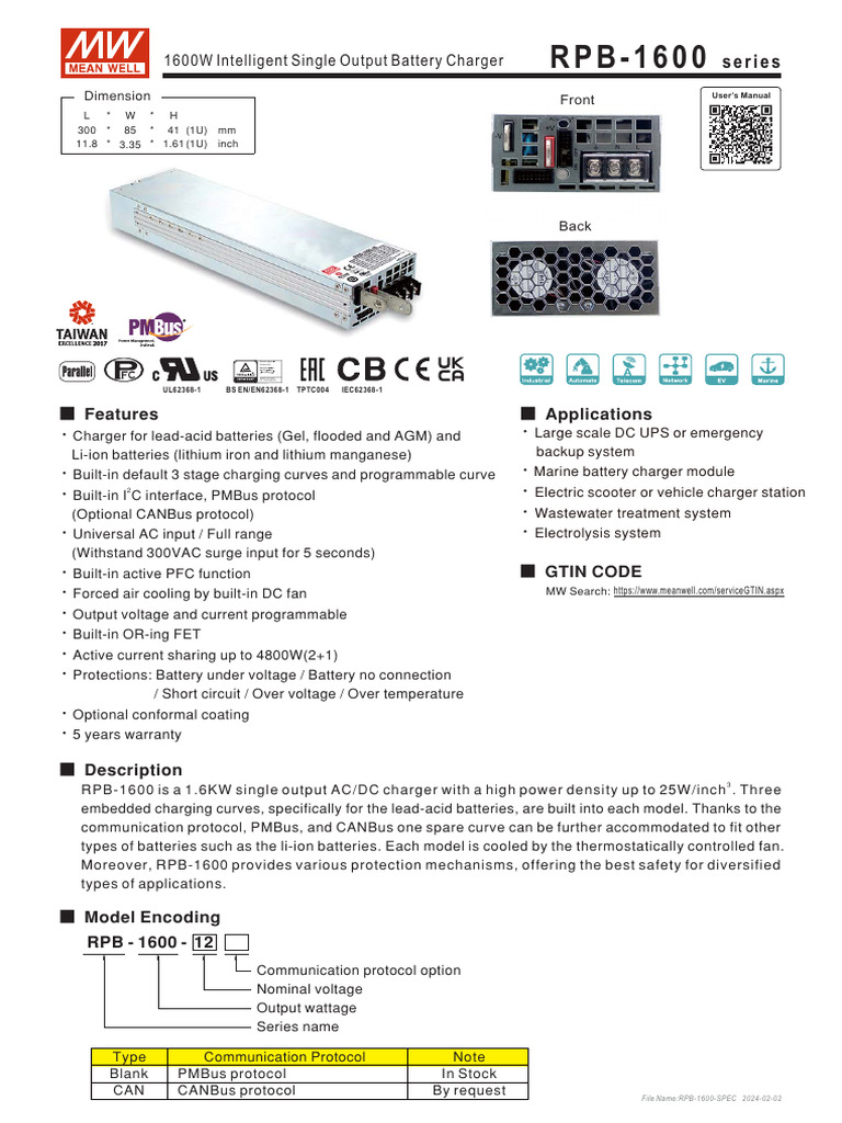 RPB 1600 Spec | PDF | Battery Charger | Power (Physics)