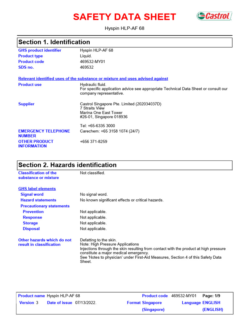 Hyspin HLP-AF 68 Safety Data Sheet | PDF | Chemistry | Gases
