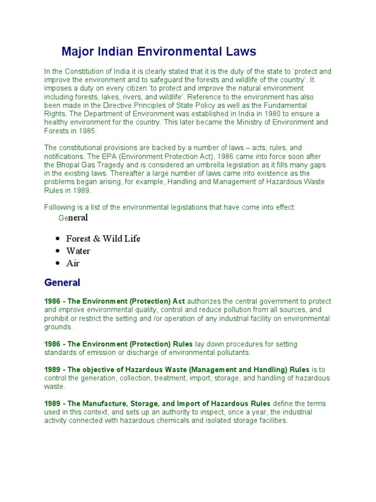 Major Indian Environmental Laws | PDF | Environmental Law | Hazardous Waste
