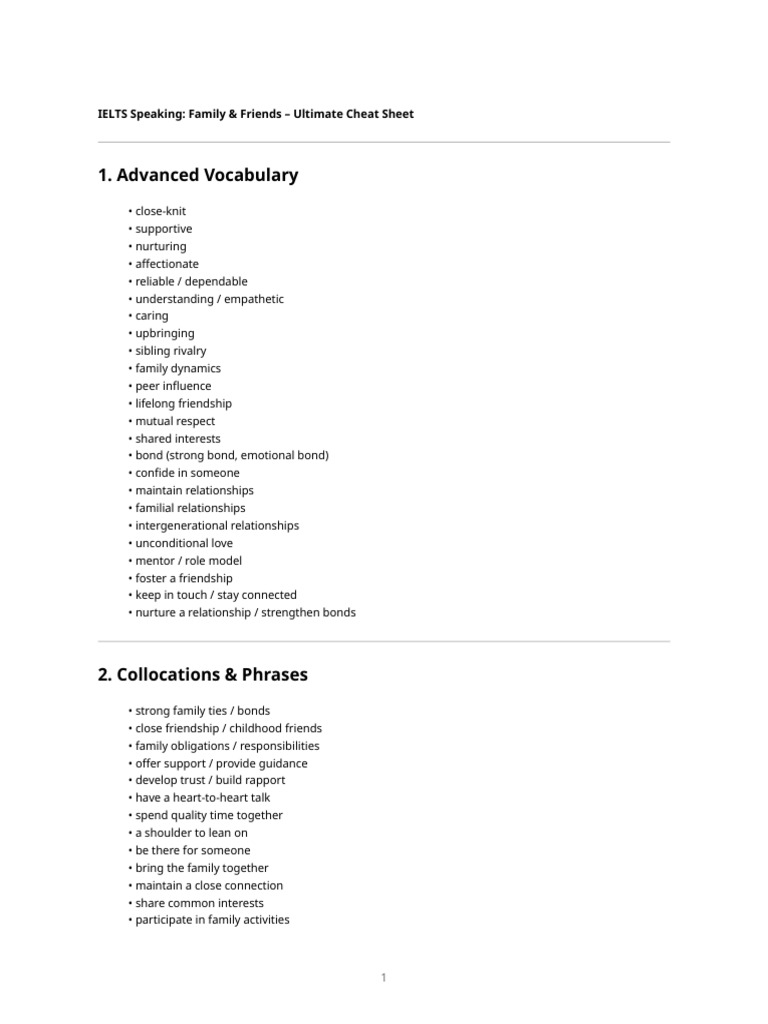 IELTS Speaking Family Friends Cheatsheet | PDF | Friendship | Psychology
