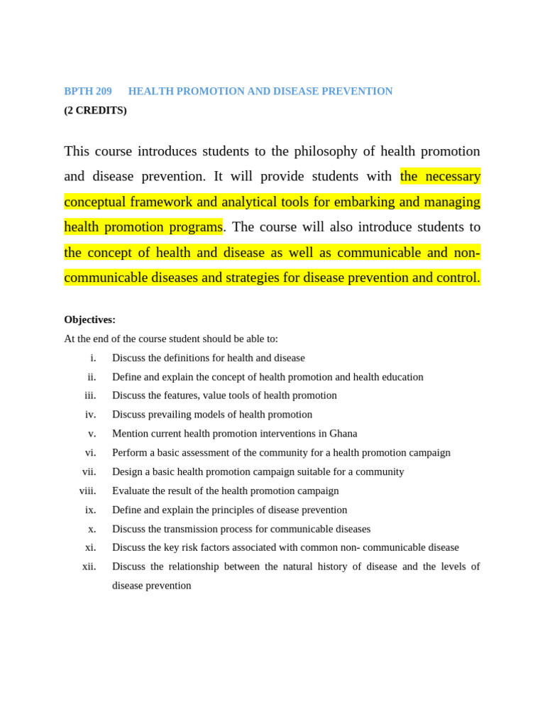 BPTH 209health Promotion and Disease Prevention | PDF | Health ...
