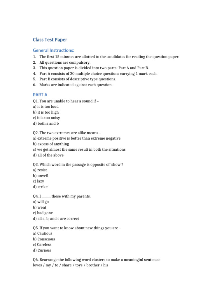 Class Test Paper: MCQs & Descriptive Questions | PDF
