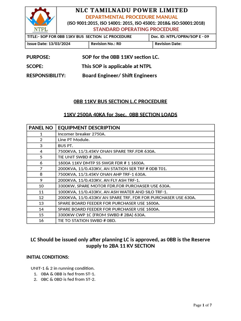 SOP for 0BB 11KV Bus Section LC | PDF | Electric Power | Electrical ...